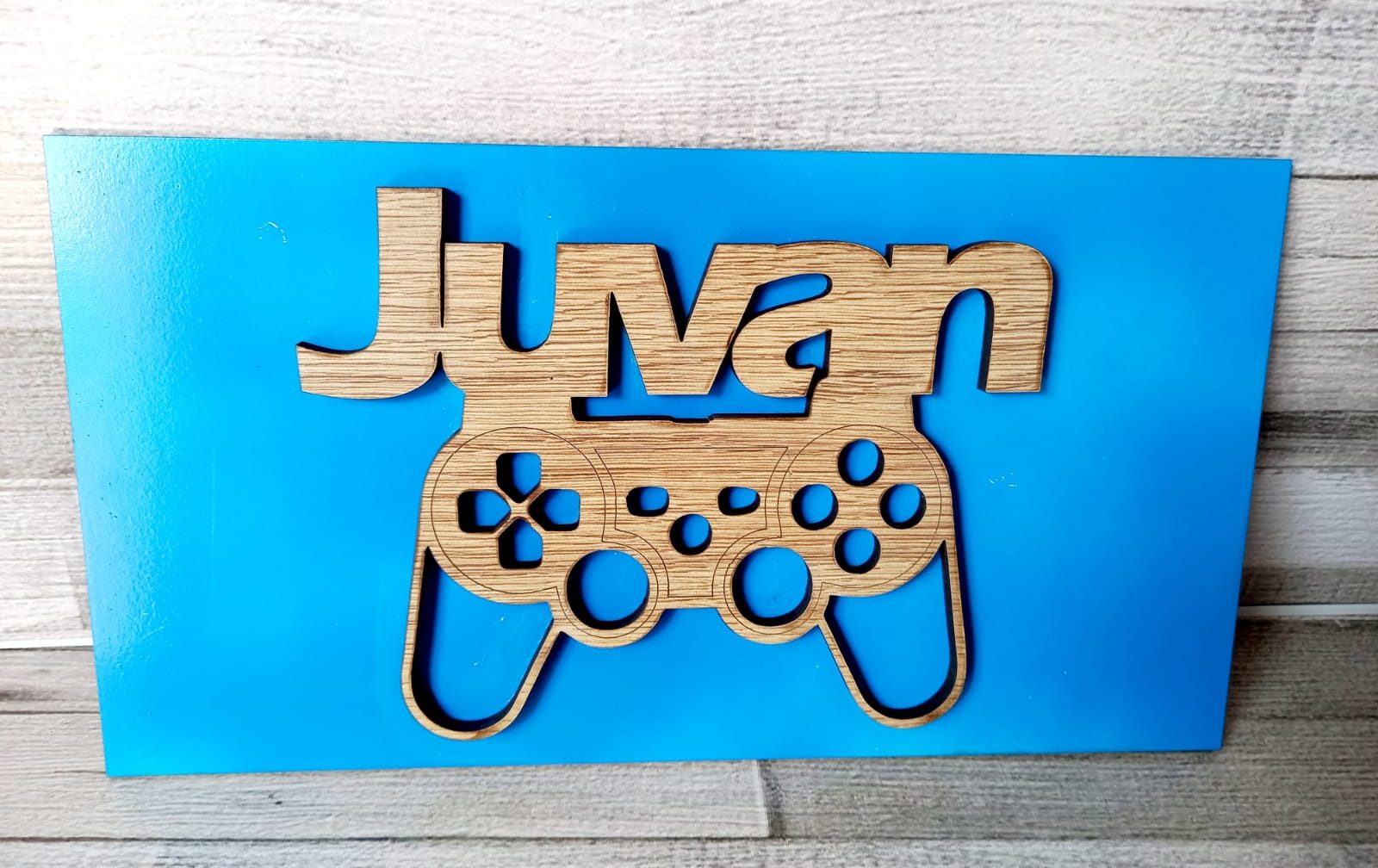 Playstation name board - Blue/Wood - Venchal Signs
